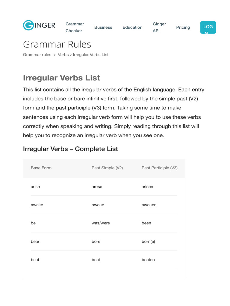 Irregular Verbs List - The Complete List Ginger-1 | PDF