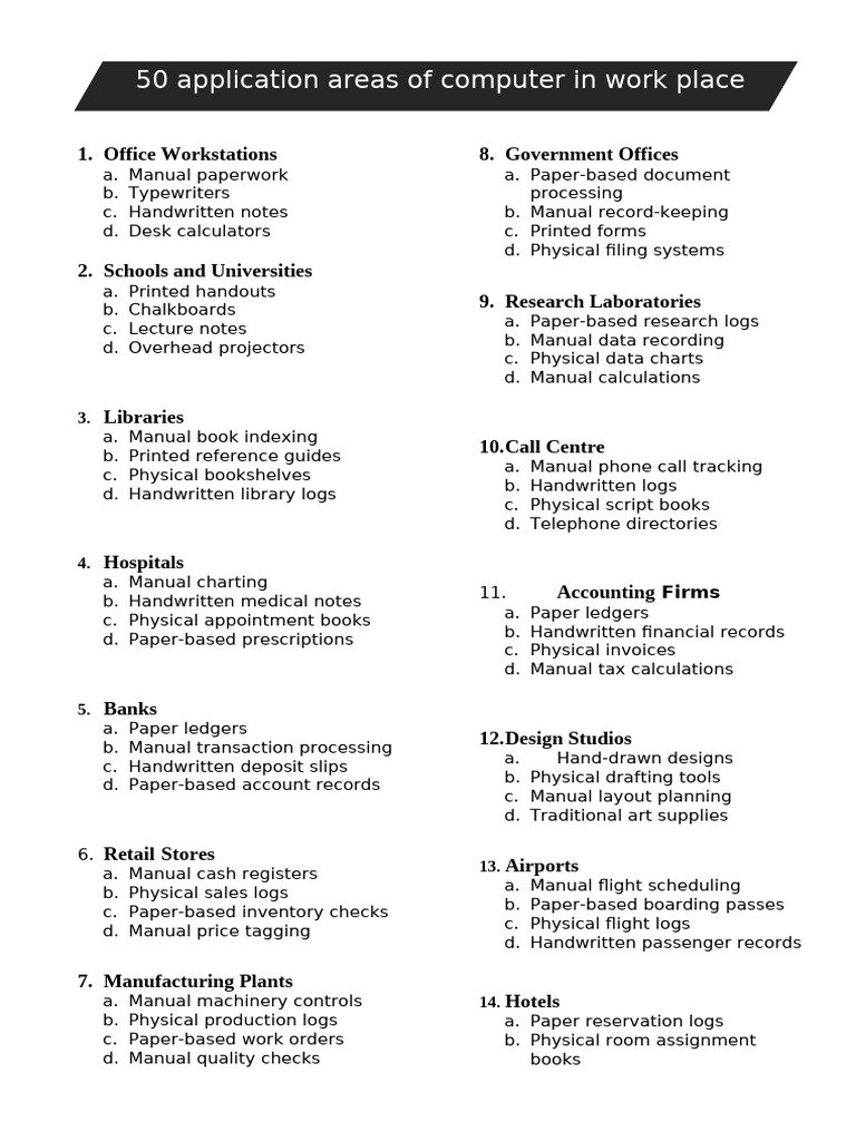 50 application areas of computer in work place by Khan | PDF