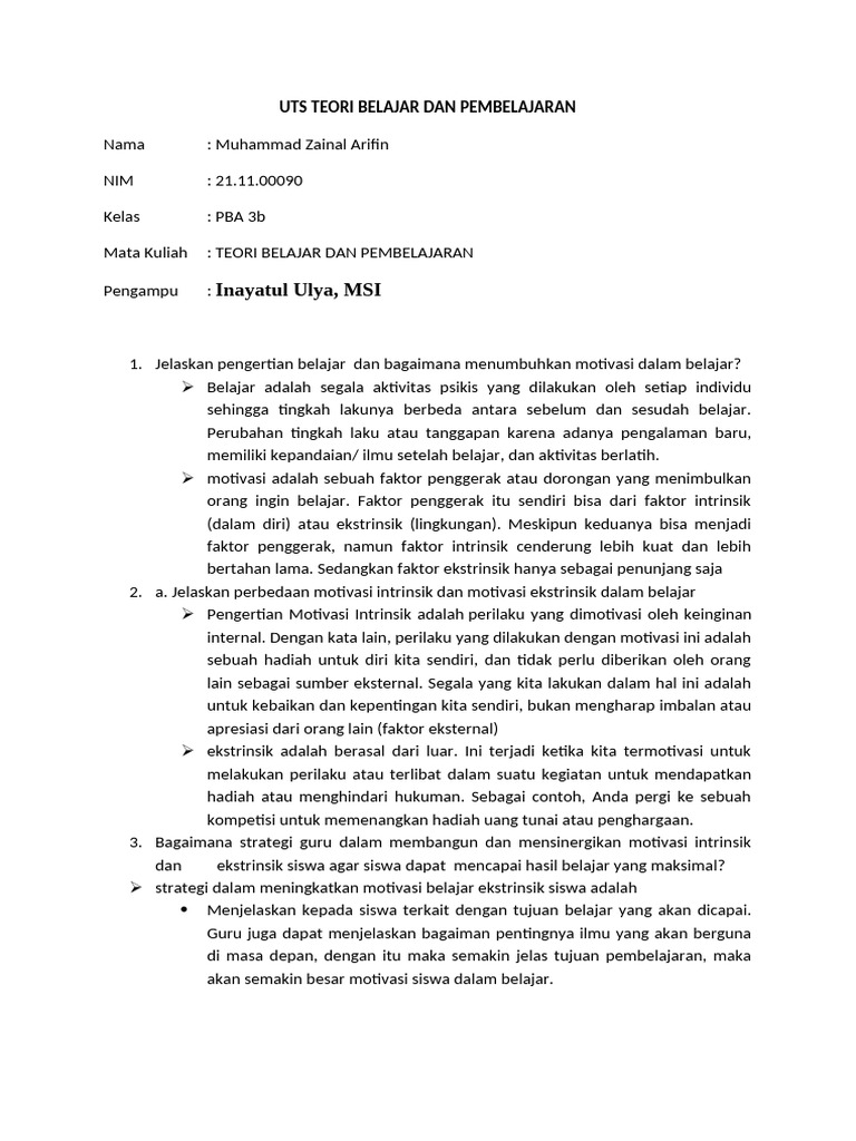 Soal Uts Teori Belajar Dan Pembelajaran | PDF