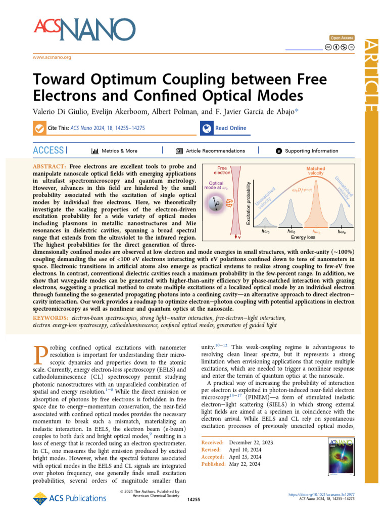 Di Giulio Et Al 2024 Toward Optimum Coupling Between Free Electrons and Confined Optical Modes | PDF