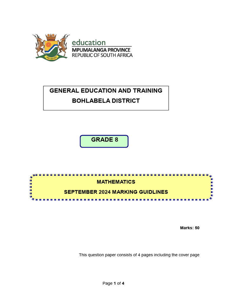 Grade 8 Mathematics Marking Guidelines Term 3 2024 | PDF