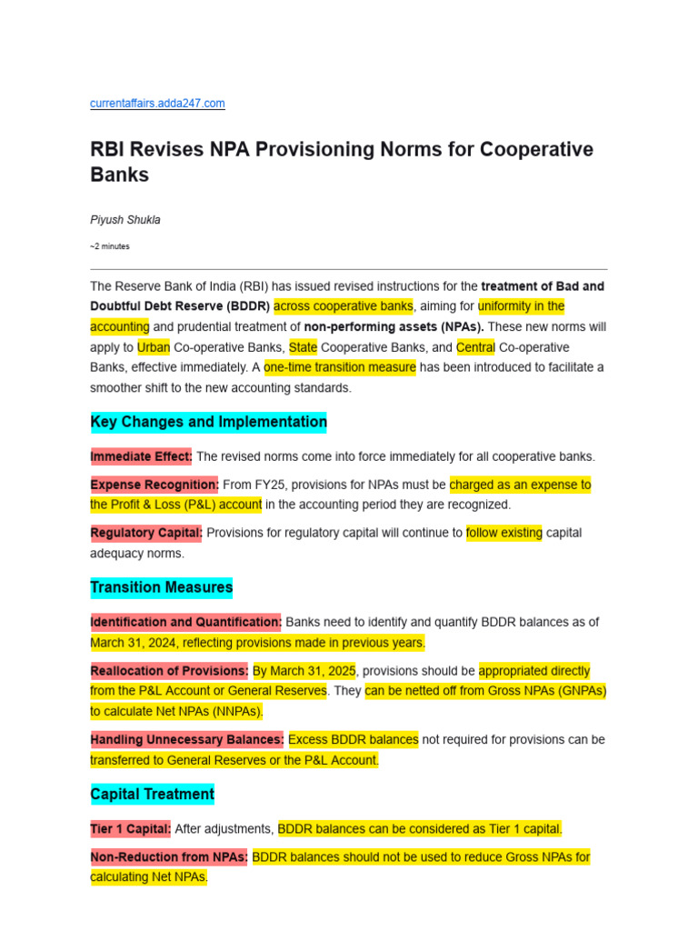 RBI-NPA Norms-Coop Banks | PDF