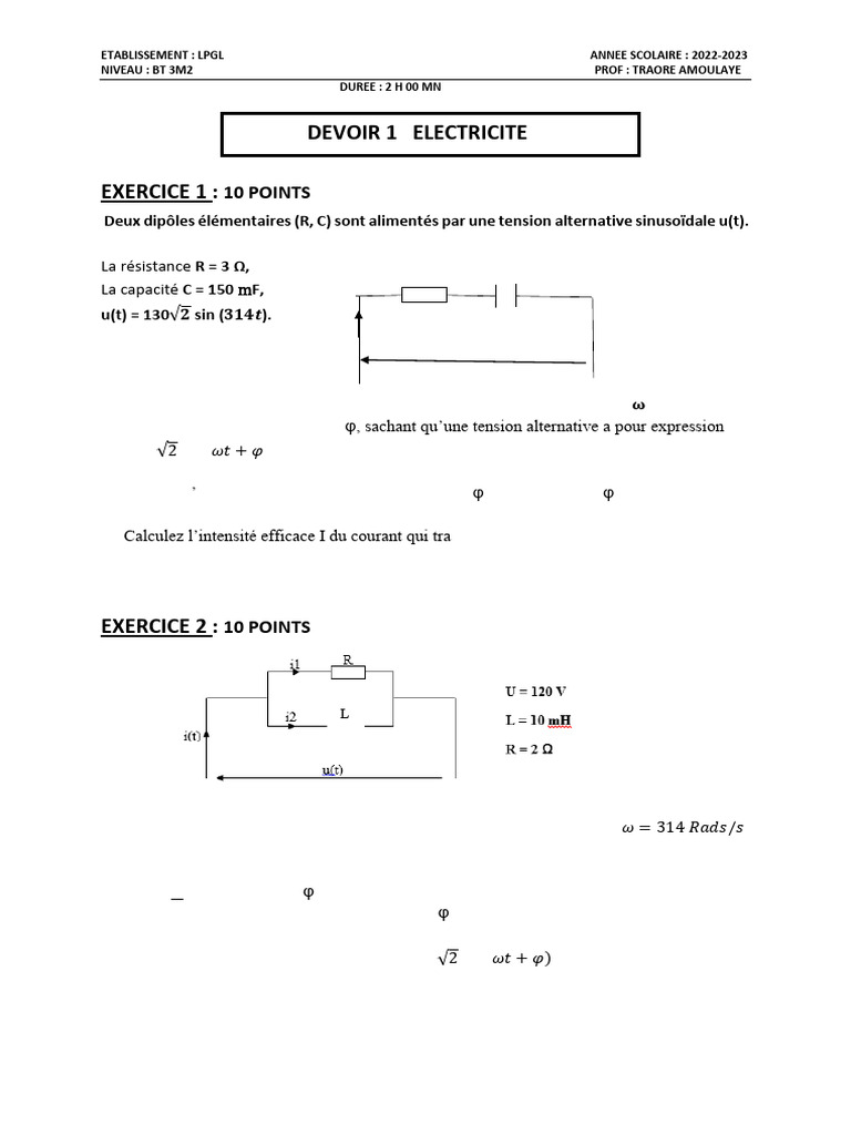 Traore Devoir Electricite BT 3m2-1 | PDF