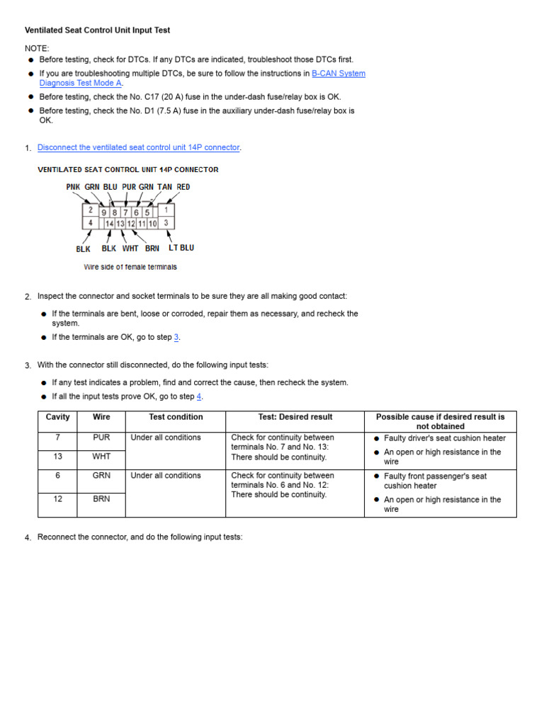 Ventilated Seat Control Unit Input Test 2418 | PDF