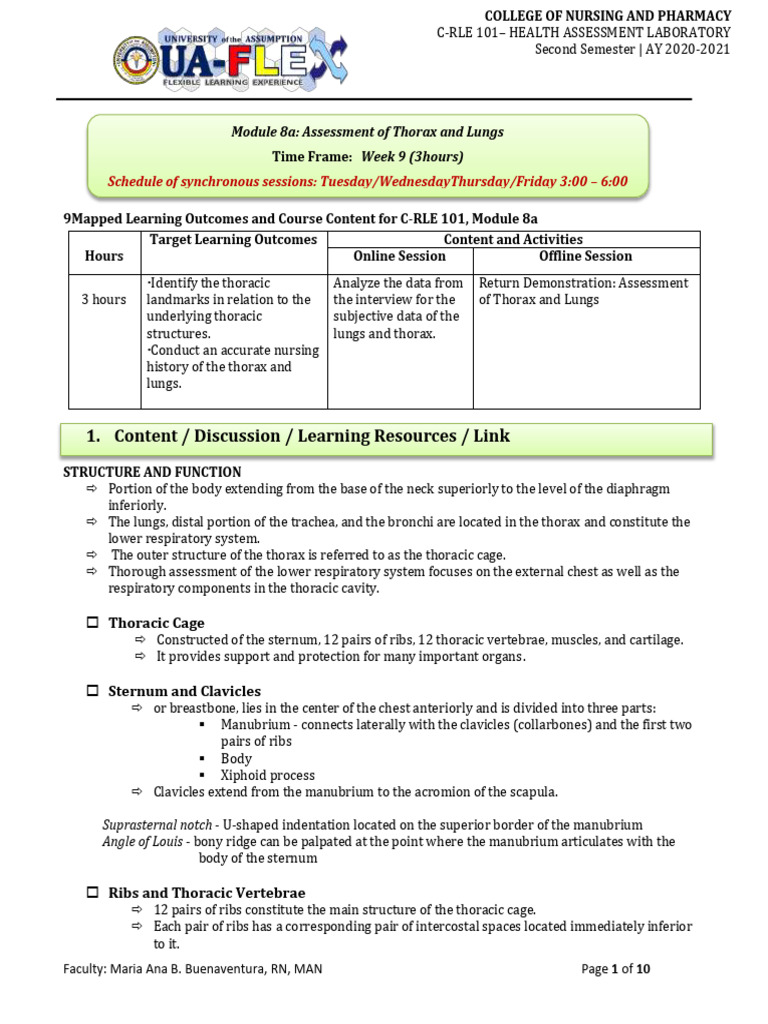 Module 8 - Assessment of The Thorax and Lungs | PDF