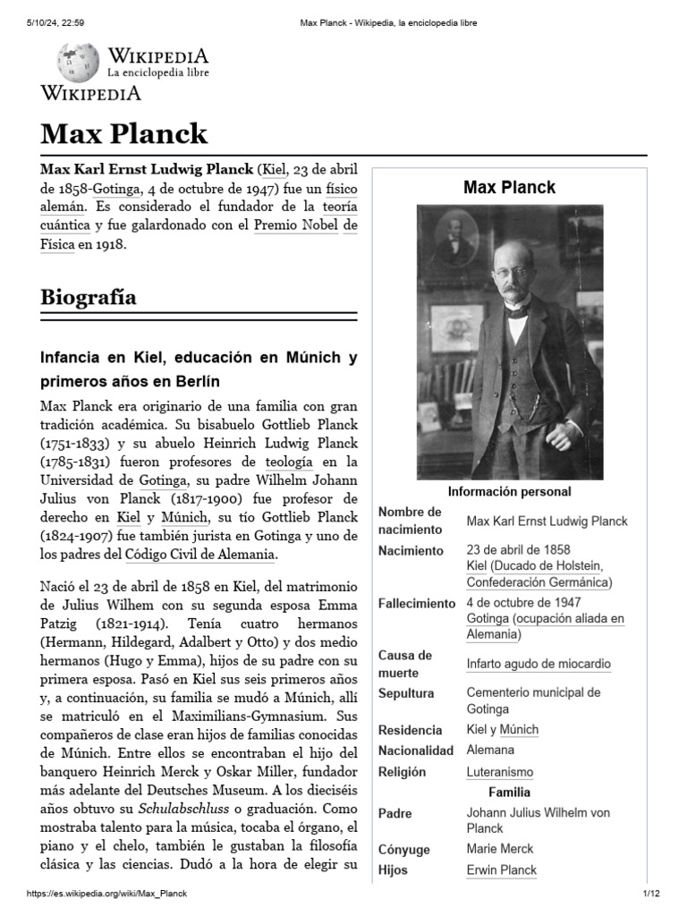 Max Planck - Wikipedia, La Enciclopedia Libre | PDF