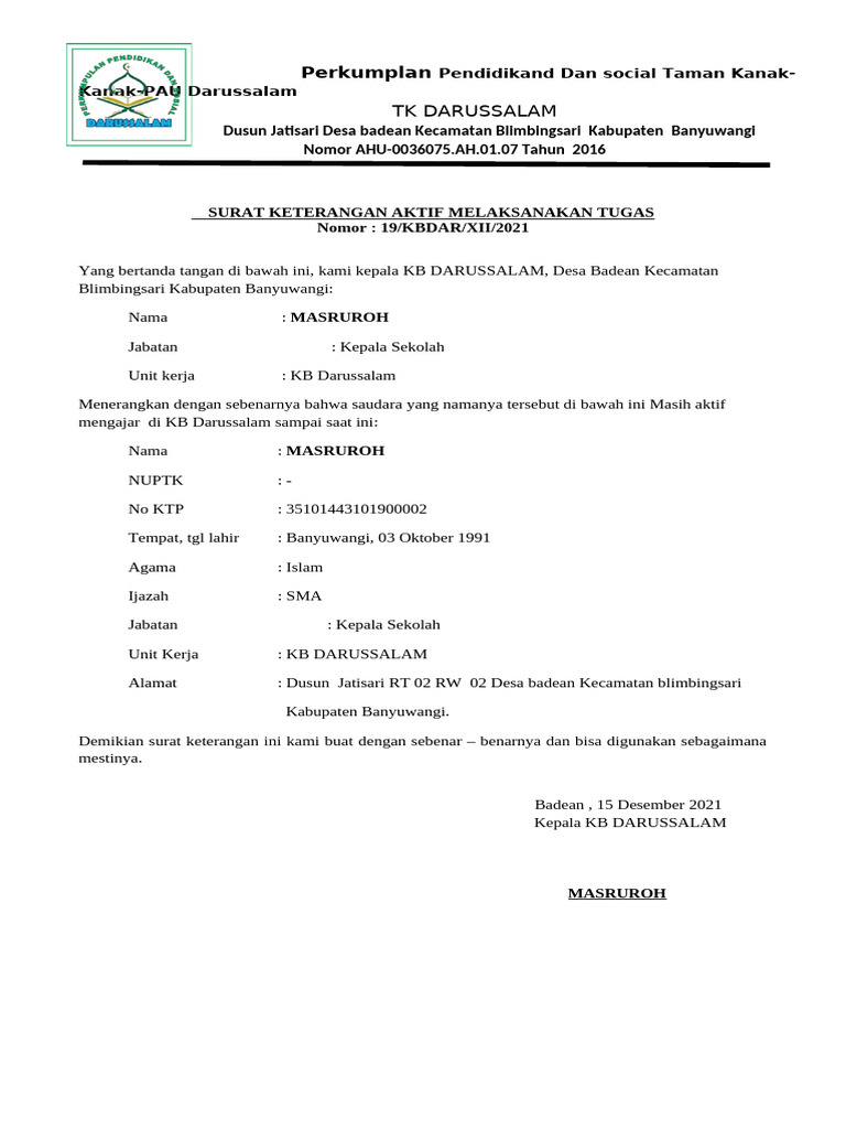 SURAT KET AKTIF sip MASRUROH | PDF