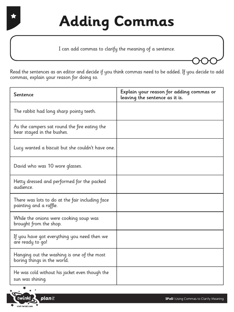 Activity Sheet Adding Commas | PDF