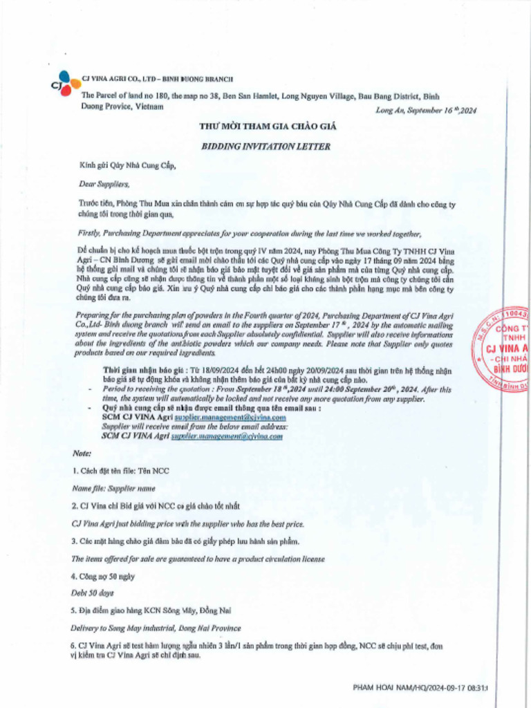 Bidding Invitation Letter - The 4th Quarter - 240917 | PDF