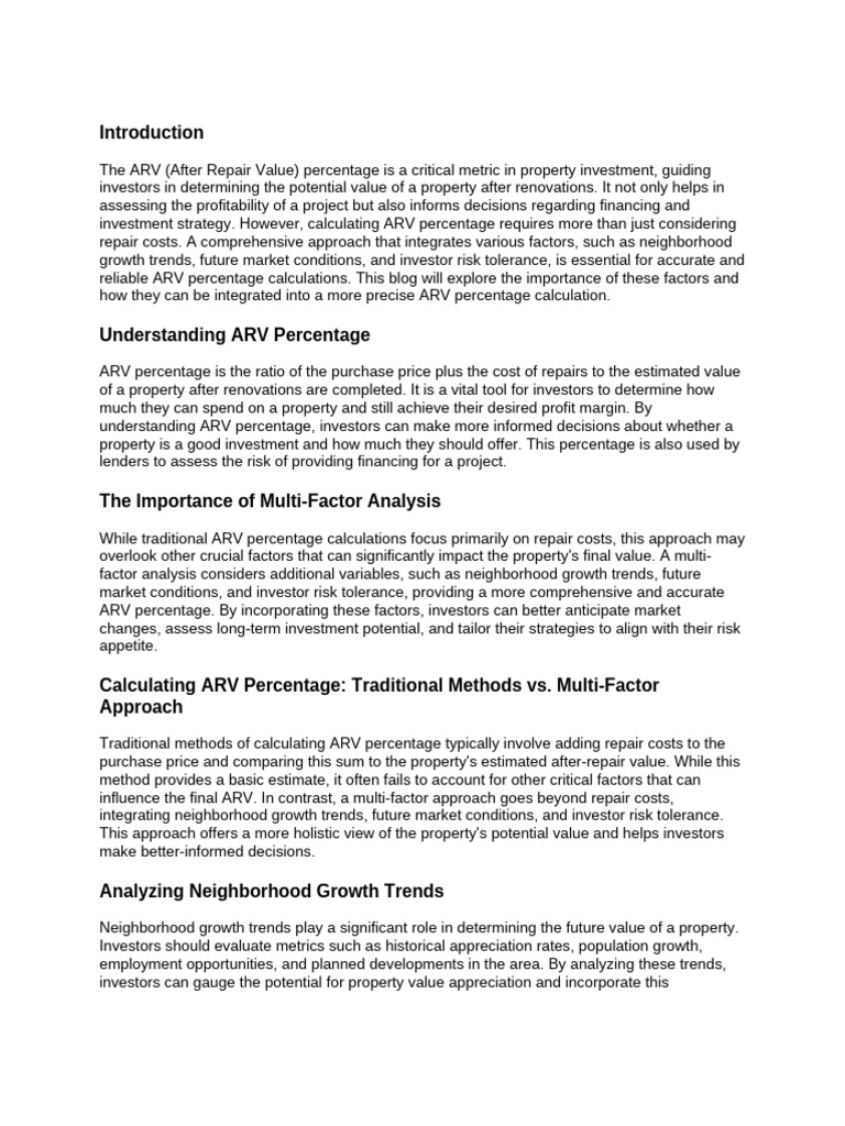 How To Calculate ARV Percentage - ARV Percentage Calculation With Multi-Factor Analysis | PDF