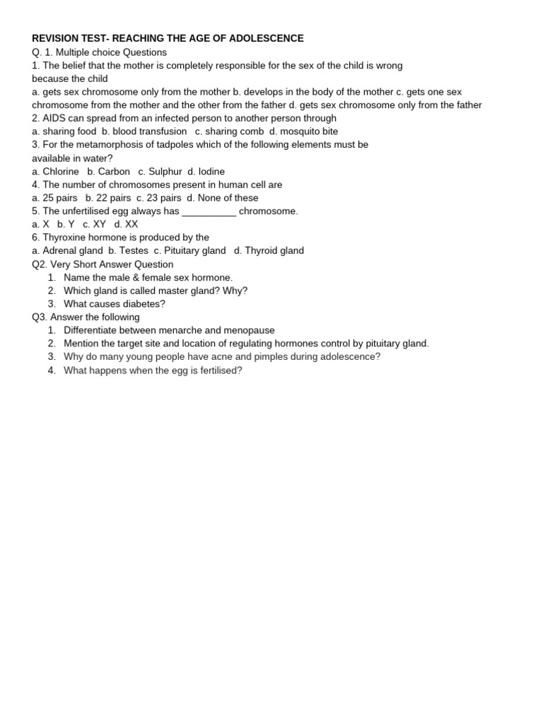 Revision Test - Reaching The Age of Adolescence | PDF