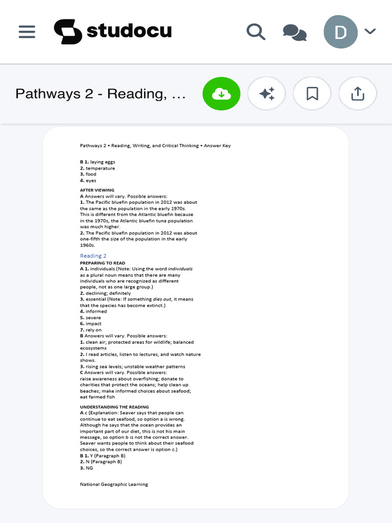Pathways 2 - Reading, Writing, And Critical Thinking - Answer Key - Pathways 2 Reading, Writing ...