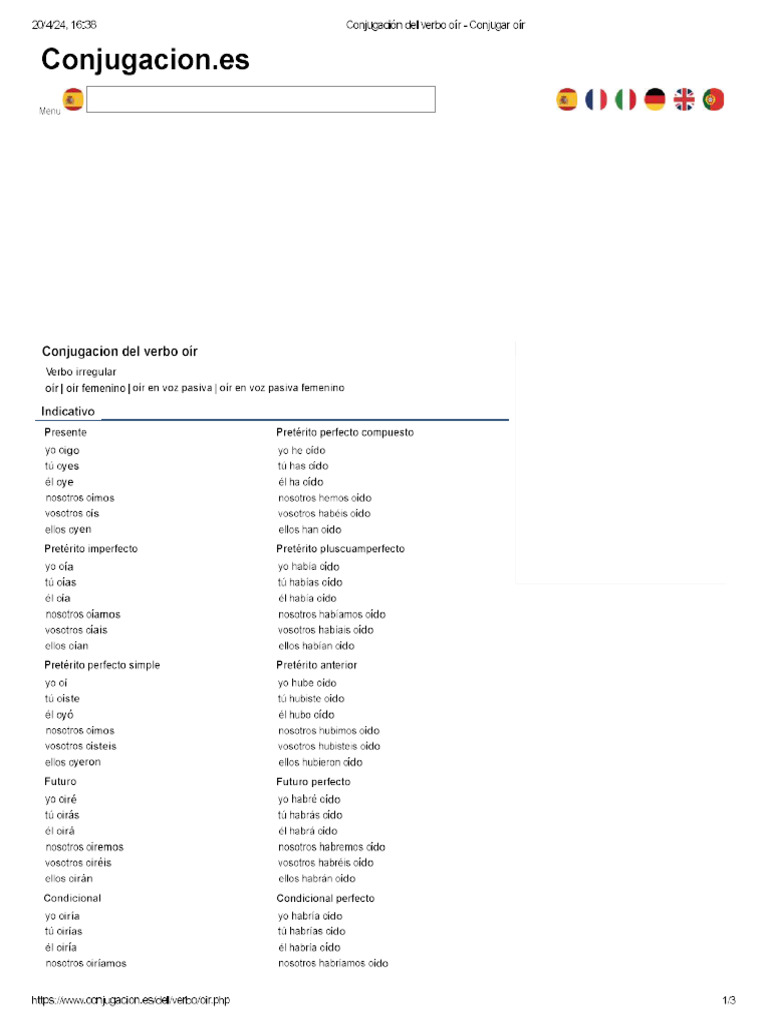Conjugación Del Verbo Oír - Conjugar Oír | PDF