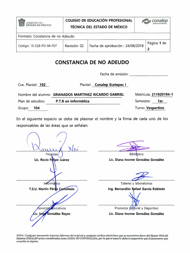 Constancia de No Adeudo 104-16 | PDF