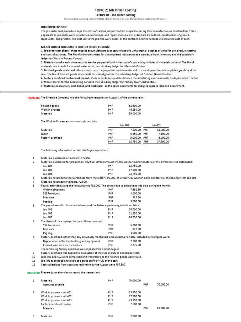 02 - Job Order Costing, JIT and Backflush Costing | PDF