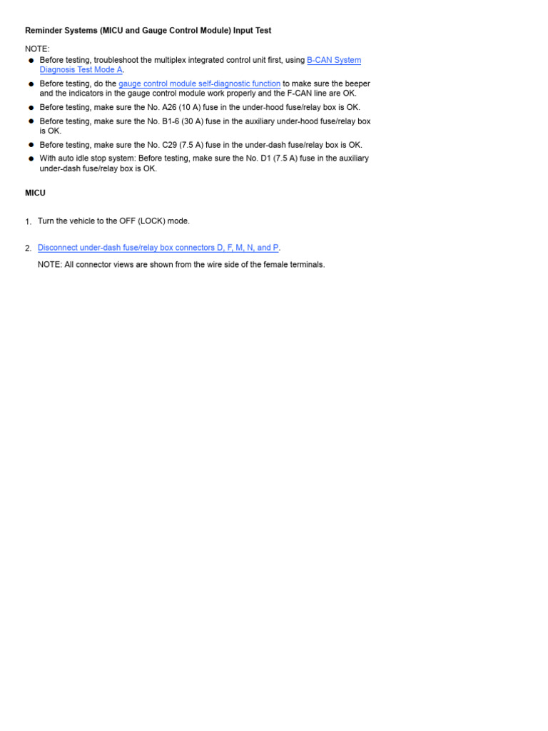 Reminder Systems (MICU and Gauge Control Module) Input Test 2405 | PDF