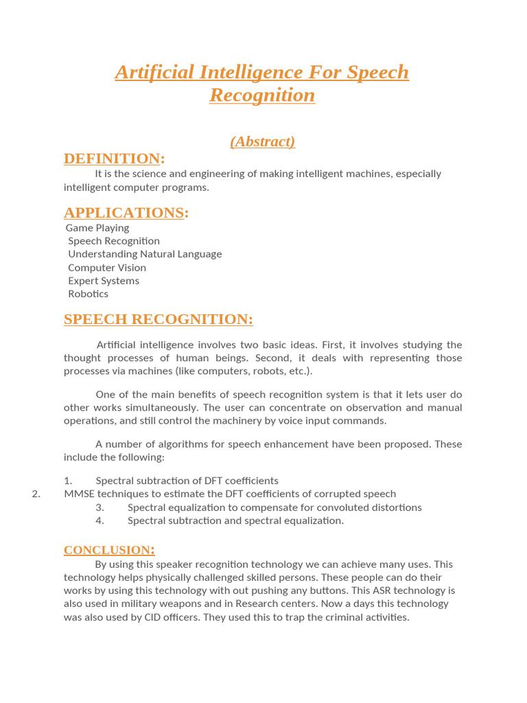 Artificial Intelligence For Speech Recognition | PDF