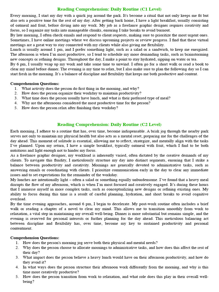 DAILY ROUTINE - Reading Coprehension - C1-C2 | PDF