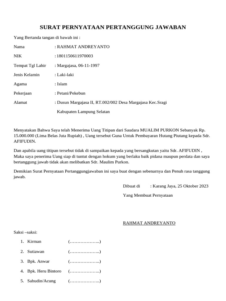 Surat Pernyataan Pertanggung Jawaban | PDF