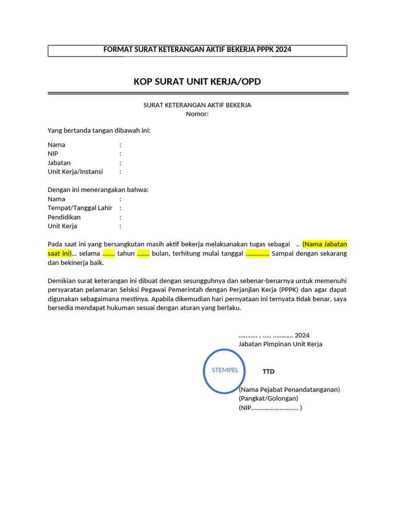 Format Suket Aktif Bekerja PPPK 2024 | PDF