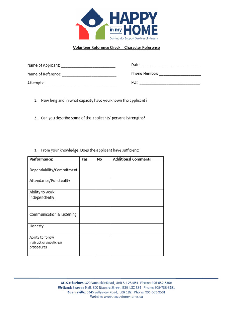 Volunteer Character Reference Form, Filliable (Current 2024)-Copy | PDF