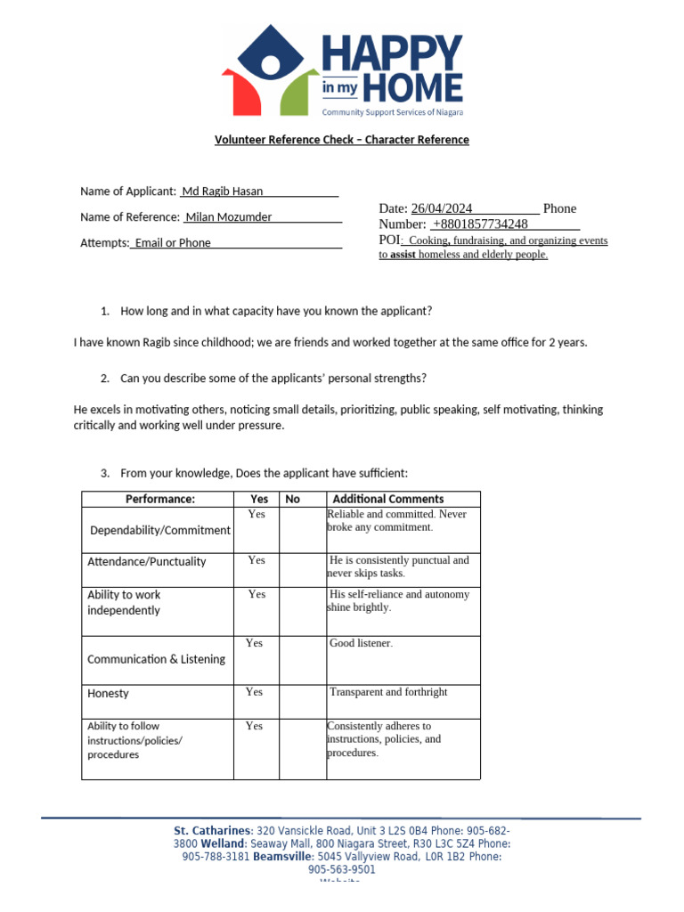 Volunteer Character Reference Form, Filliable (Current 2024) | PDF