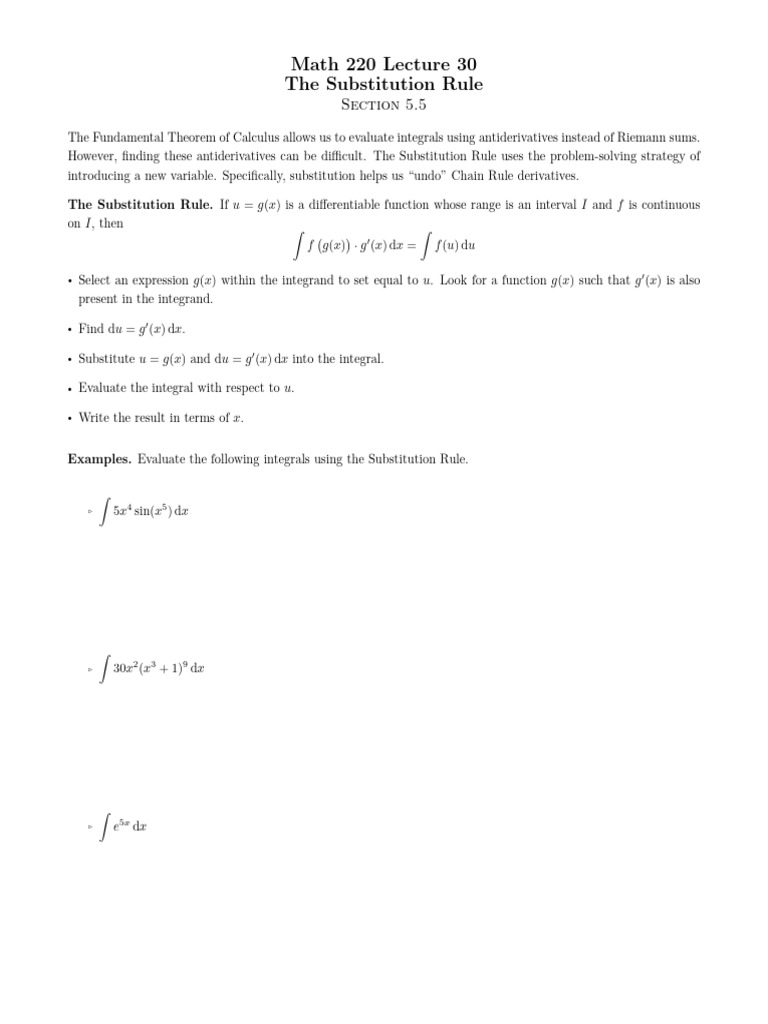 Math 220 Lecture 30 The Substitution Rule: Section 5.5 | PDF