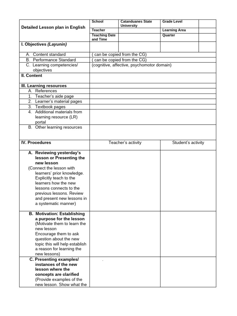 Detailed Lesson Plan in English TEMPLATE DO 42 S.2016 | PDF | Learning ...