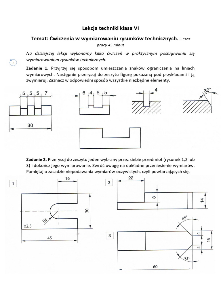 Lekcja Techniki Klasa VI - Cwiczenia W Wymiarowaniu Rysunkow Technicznych | PDF