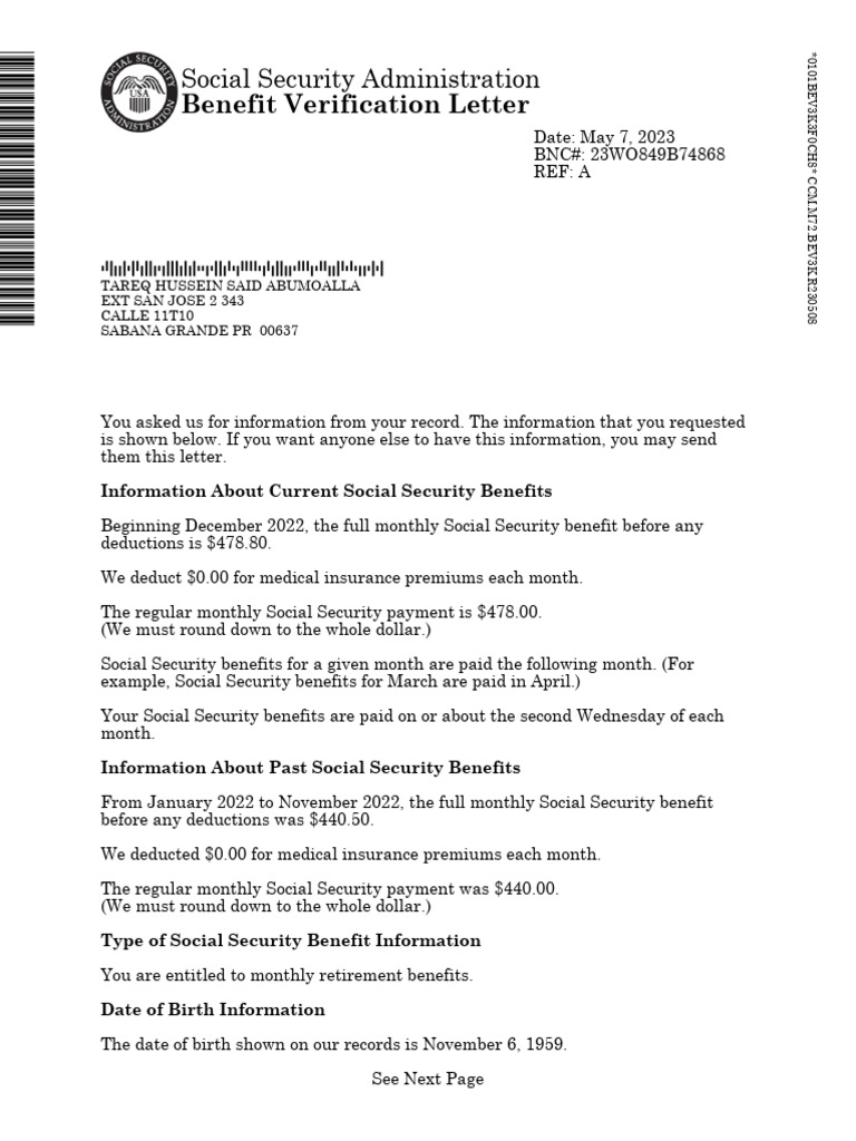 Benefit Verification Letter | PDF