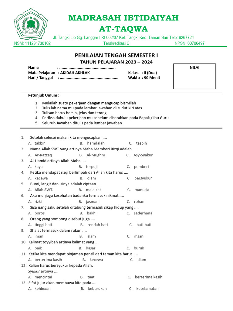 PTS Akidah Akhlak Kelas 2 Semester I | PDF