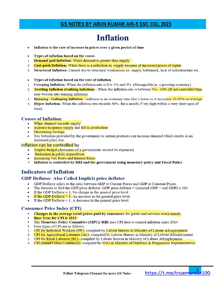 Inflation (Economics) Notes by Arun Kumar AIR-5 | PDF