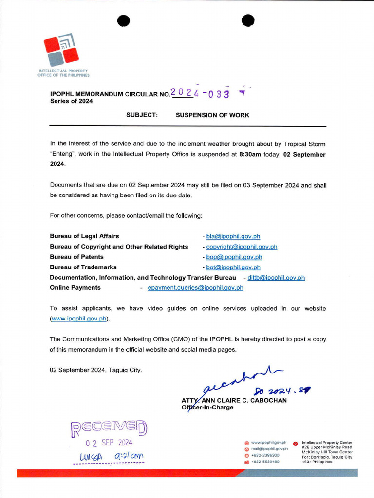 IPOPHL Memorandum Circular No. 2024-033, Suspension of Work | PDF IPOPHL Memorandum Circular No. 2024-033, Suspension of Work | PDF