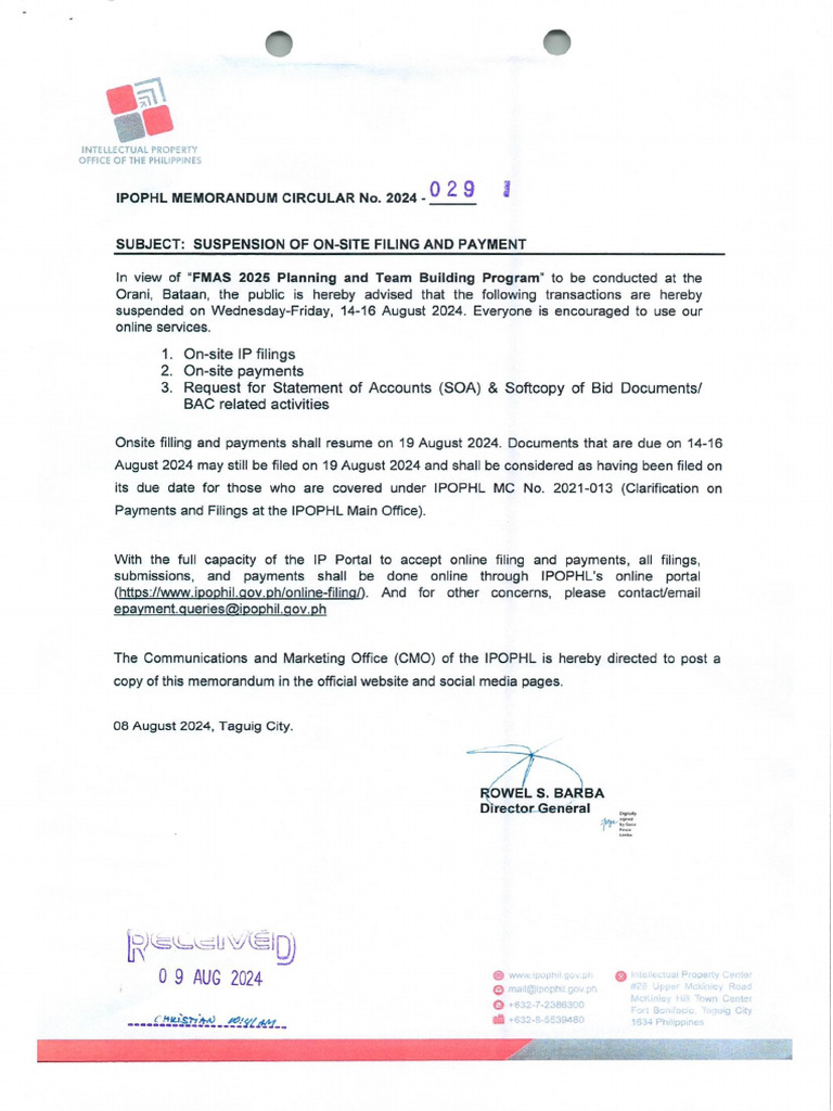 Ipophl Memorandum Circular No. 2024-029, Suspension of On-Site Filing and Payment | PDF