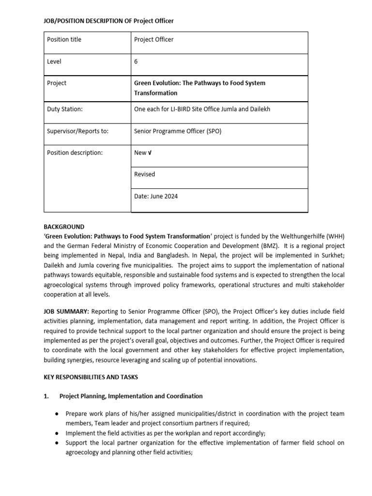 JD Project Officer - Green Evolution | PDF | Business