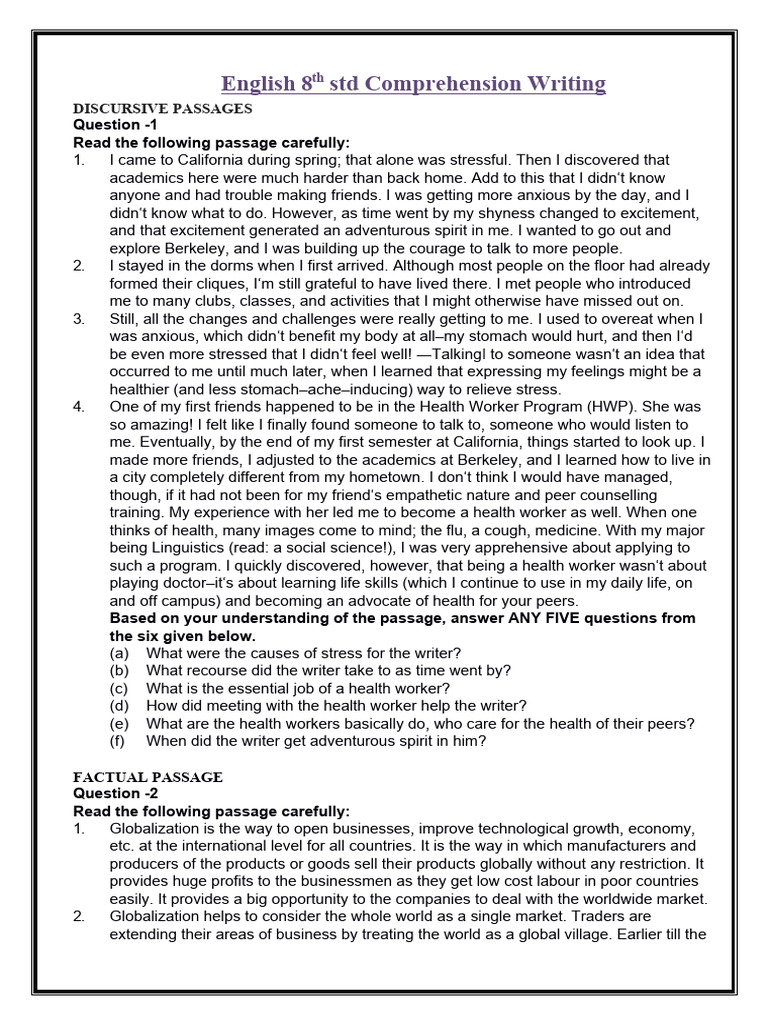 8th - English Reading Comprehension Set 2 | PDF