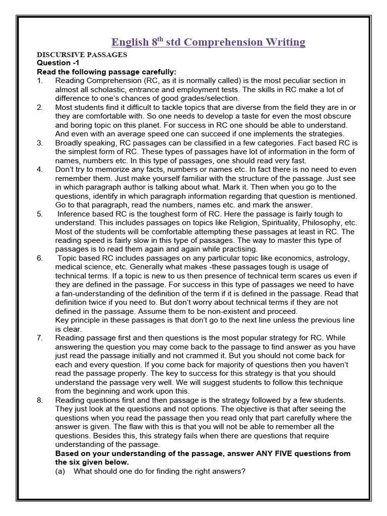 8th - English Reading Comprehension Set 4 | PDF