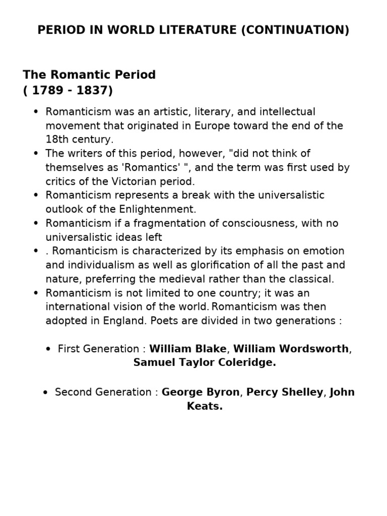 PERIOD IN WORLD LITERATURE Handout | PDF | Romanticism | English Literature