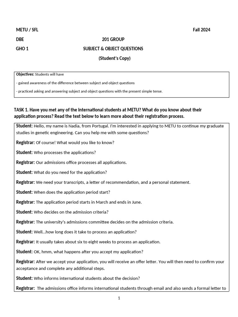 201 GHO 1 Subject Object Questions Student | PDF