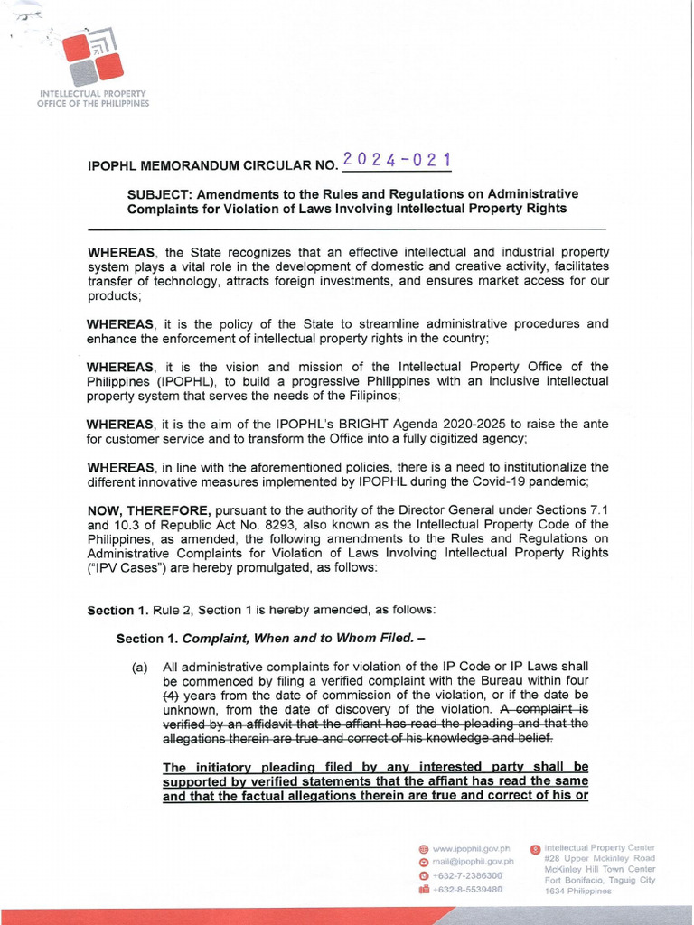 IPOPHL Memorandum Circular No. 2024-021, Amendments To The Rules and Regulations On ...