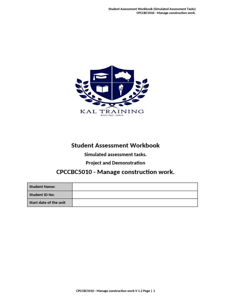 Student Assessment Workbook Projcet CPCCBC5010 - Manage Construction ...