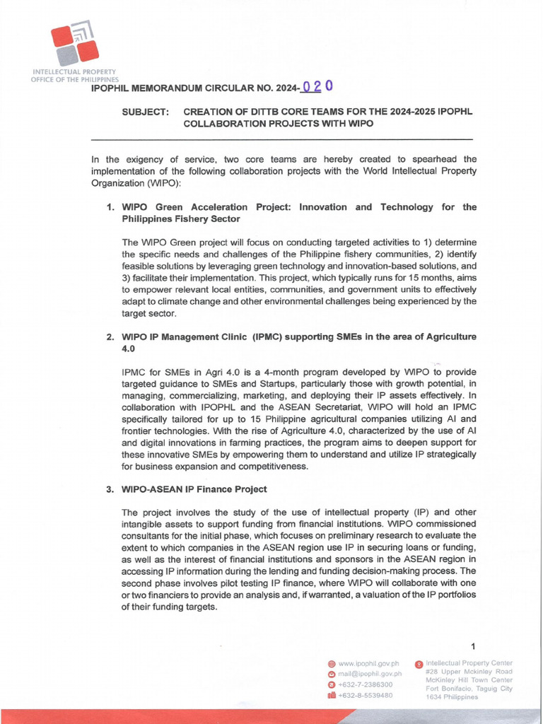 IPOPHL Memorandum Circular No. 2024-020, CREATION OF DITTB CORE TEAMS ...
