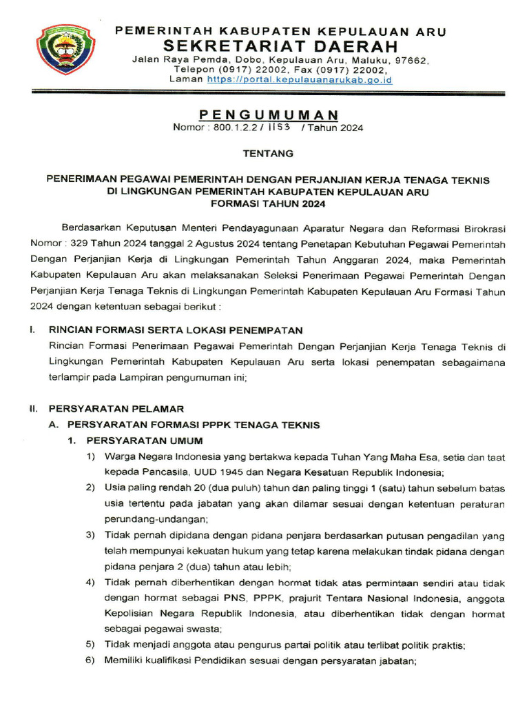 Pengumuman PPPK Tenaga Teknis Formasi Tahun 2024 | PDF