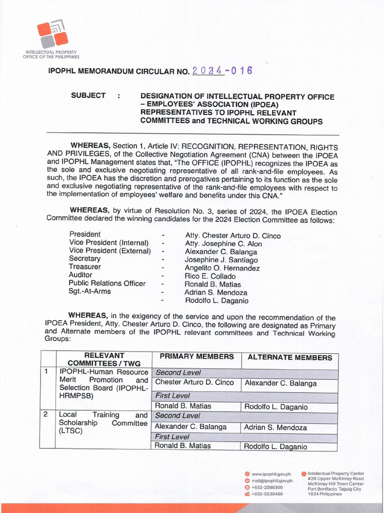 Ipophl Memorandum Circular No. 2024-016, Designation of Ipoea Representatives To Ipophl Relevant ...