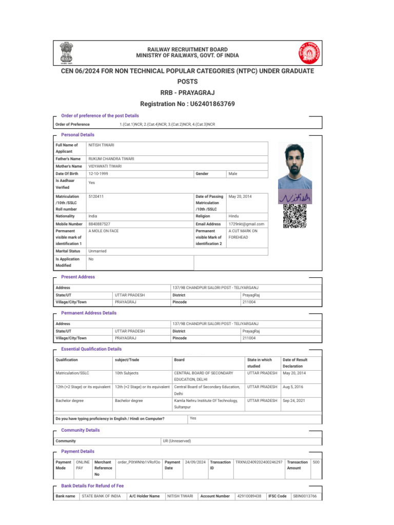 RRB NTPC 10+2 Application Form | PDF