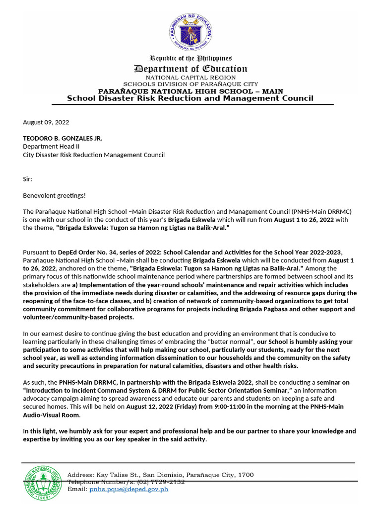 DRRM-BE 2022_General Letter for Partnership and Support_Intro to ...