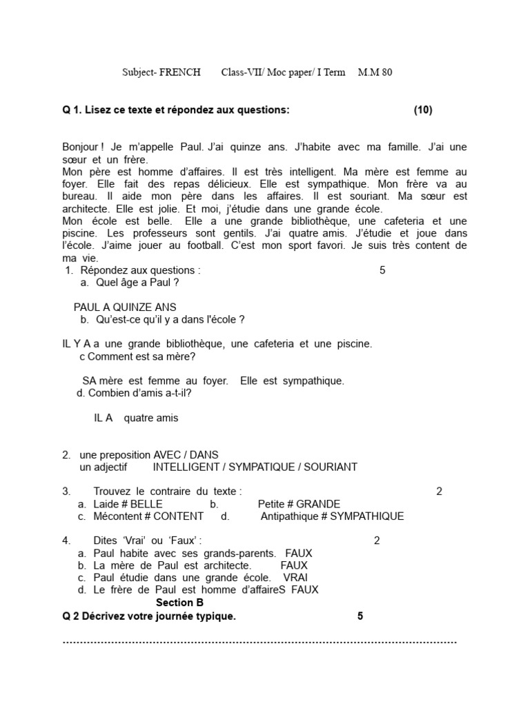 Q 1. Lisez Ce Texte Et Répondez Aux Questions: (10) : Subject-FRENCH Class-VII/ Moc Paper/ I ...
