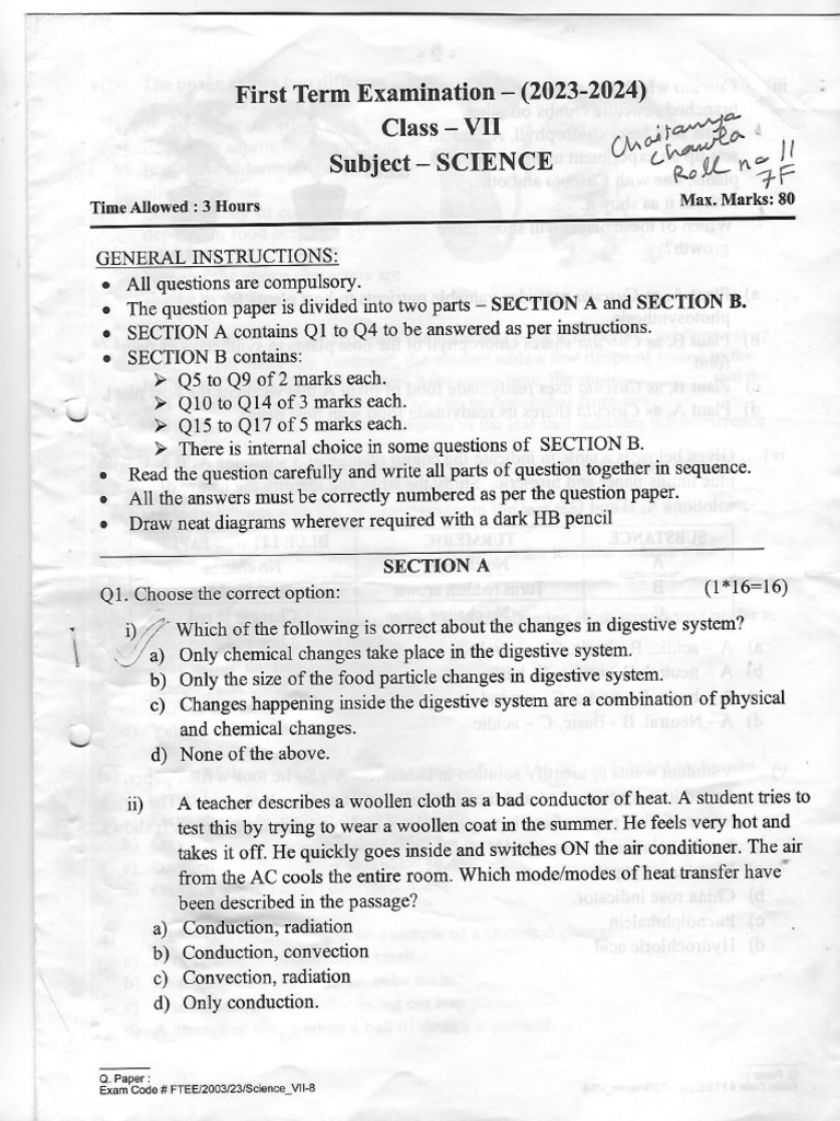 2023-24 First Term Exam Science | PDF