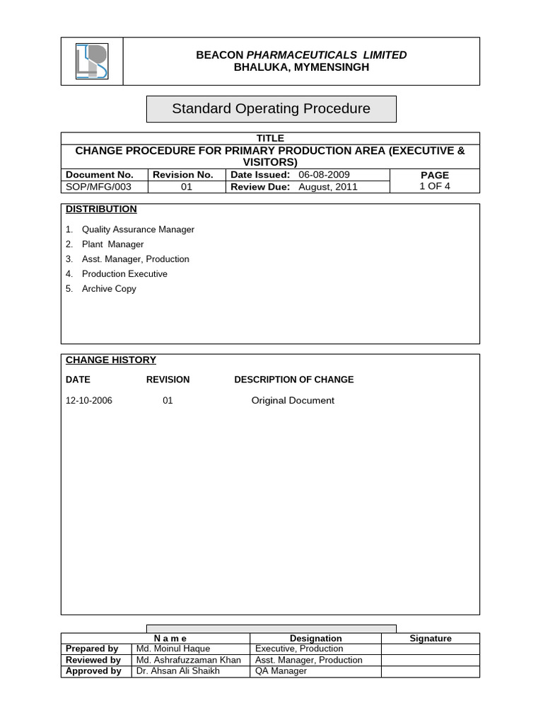 Change Procedure For Primary Production Area (Executive & Visitors) | PDF