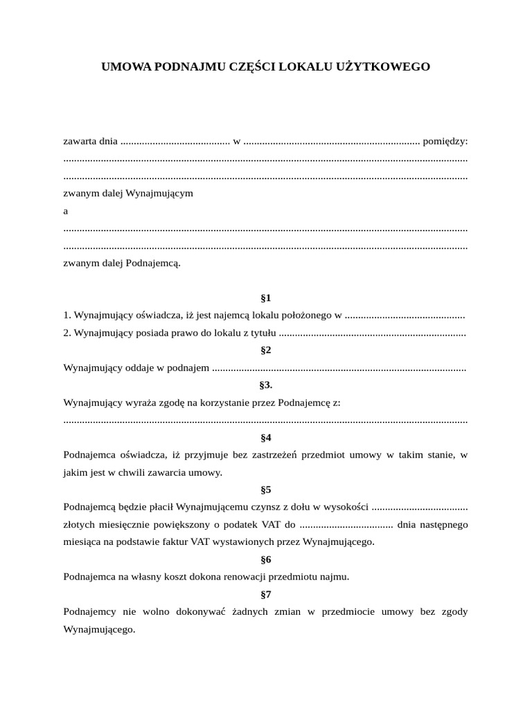 Umowa Podnajmu Czesci Lokalu Uzytkowego | PDF